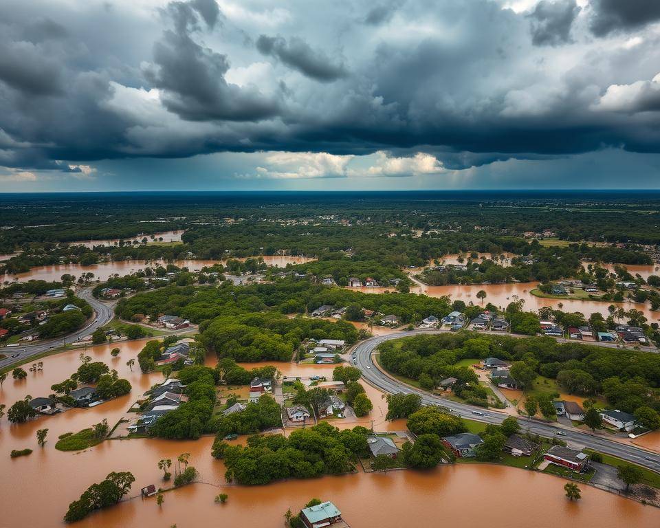 Australian flood-affected landscape, river overflowing, severe weather ...