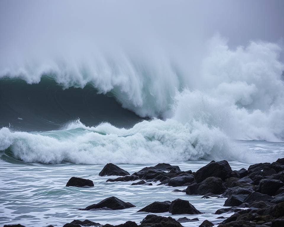Massive tsunami wave approaching a coastal town after an undersea ...
