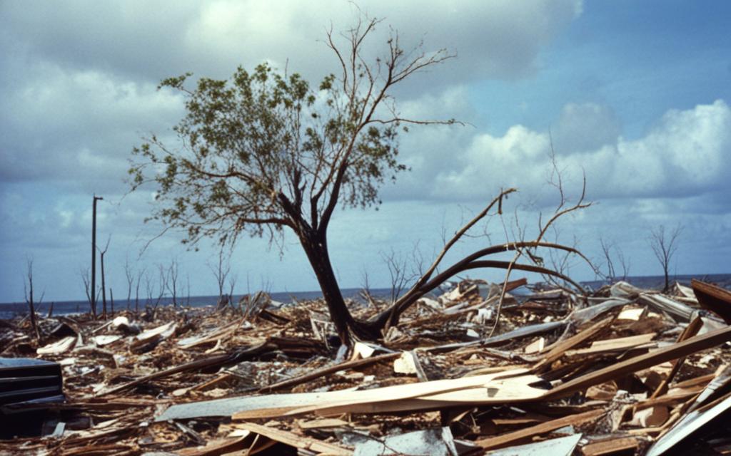 Devastation from Cyclone Tracy: debris covers the ground, a lone tree ...