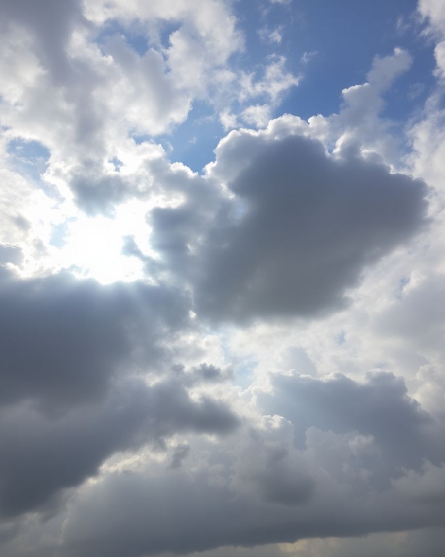 Sunlight breaking through dark, heavy clouds, illustrating atmospheric ...