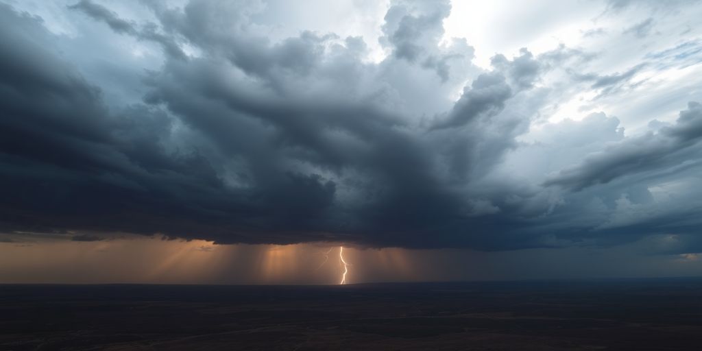 Dark storm clouds with lightning and rain shafts, illustrating high ...